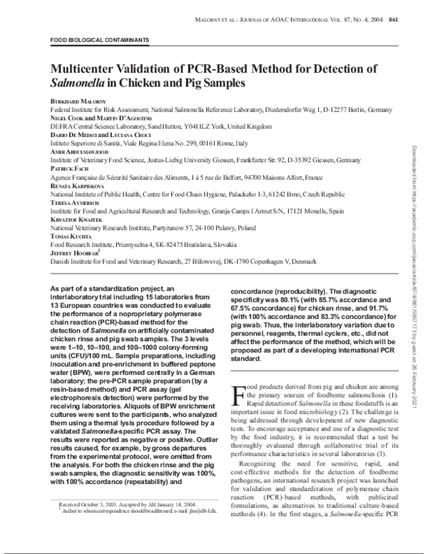 (PDF) Multicenter validation of PCR-based method for detection of Salmonella in chicken and pig ...
