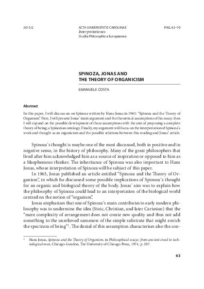 (PDF) Spinoza, Jonas, and the Theory of Organicism