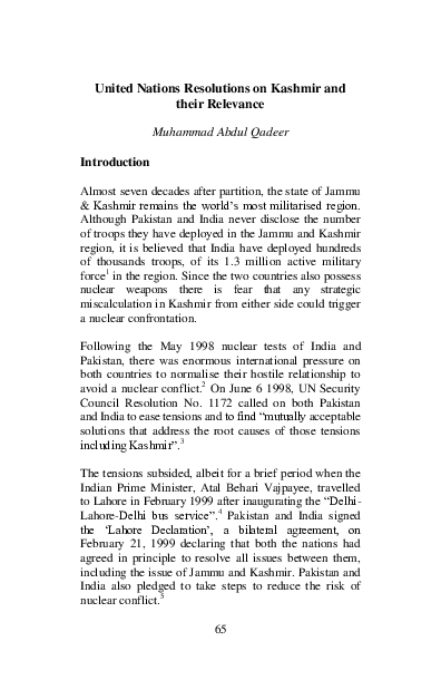 (PDF) United Nations Resolutions on Kashmir and their Relevance