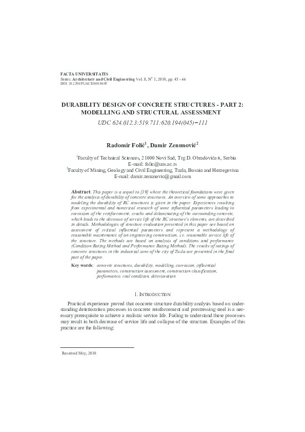 Pdf Durability Design Of Concrete Structures Part 2 Modelling And Structural Assessment