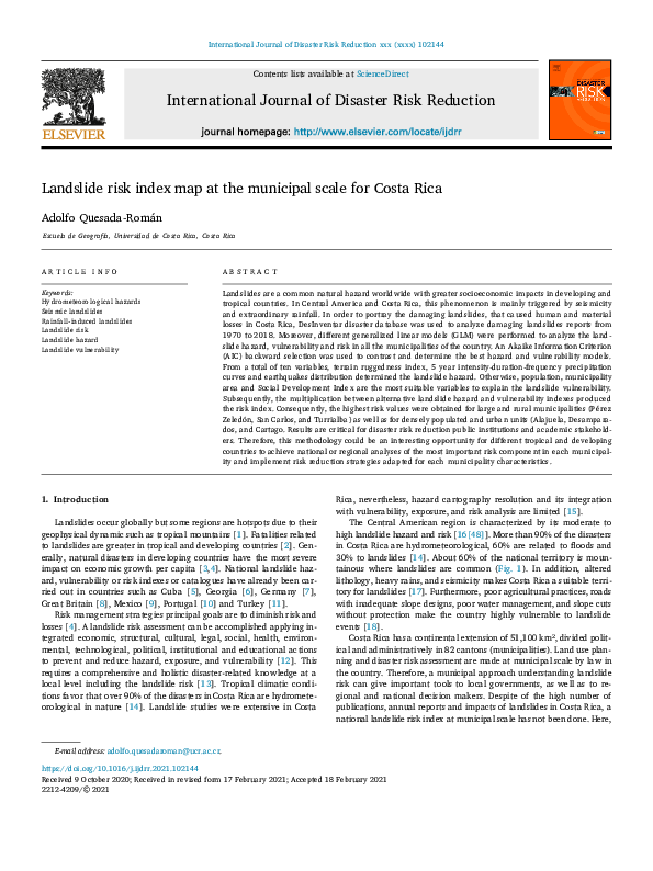 (PDF) Landslide risk index map at the municipal scale for Costa Rica