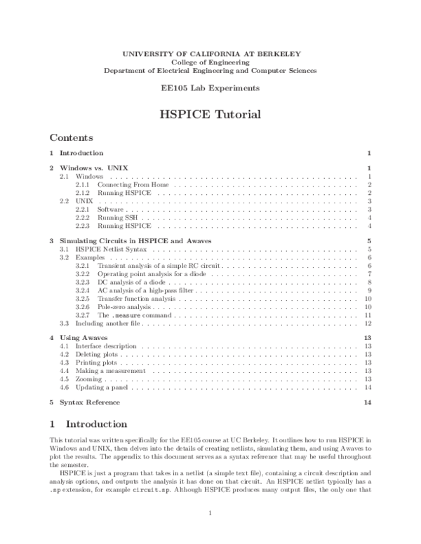 (PDF) EE105 Lab Experiments HSPICE Tutorial