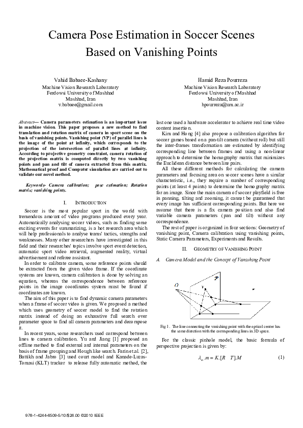 (PDF) Camera pose estimation in soccer scenes based on vanishing points