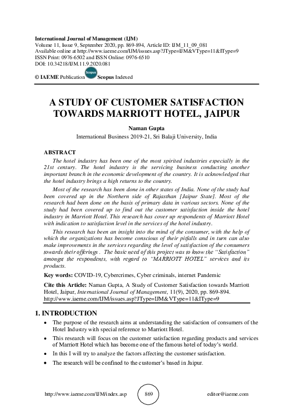 (PDF) A Study of Customer Satisfaction towards Marriott Hotel, Jaipur