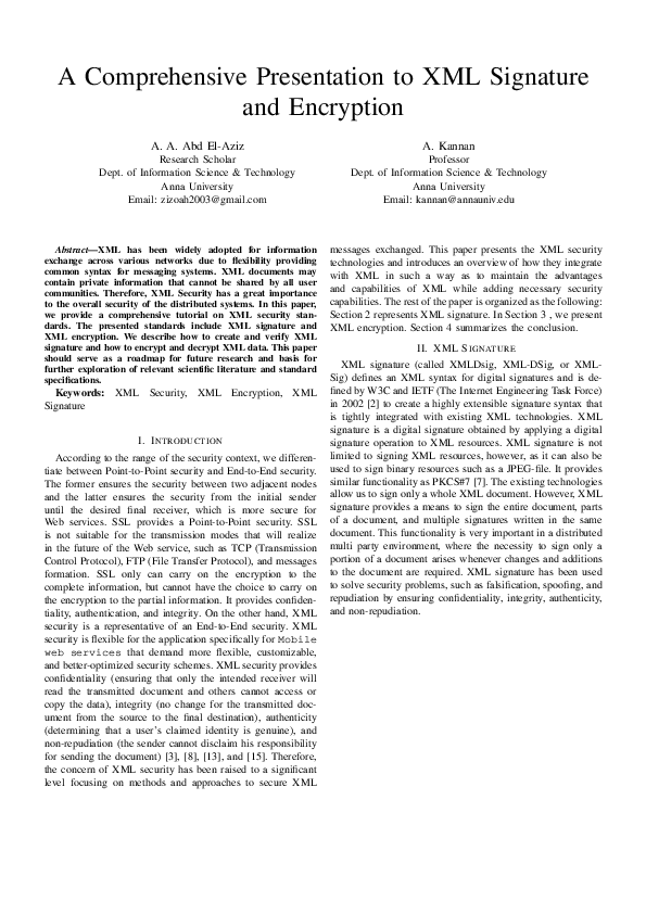 (PDF) A comprehensive presentation to XML signature and encryption
