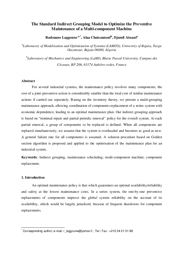 (PDF) The Standard Indirect Grouping Model to Optimize the Preventive Maintenance of a Multi ...