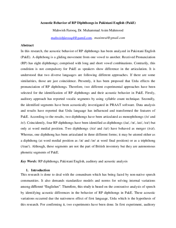 (PDF) Acoustic Behavior of RP Diphthongs in Pakistani English (PakE)