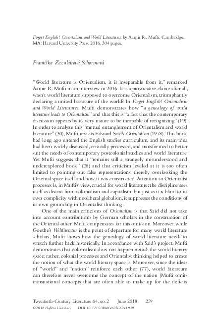(PDF) Aamir R. Mufti, Forget English! Orientalism and World Literatures