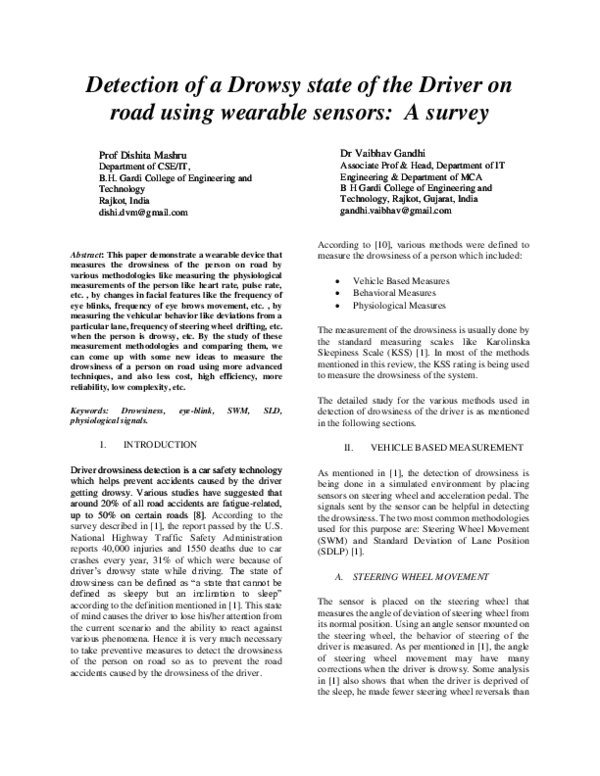(PDF) Detection of a Drowsy state of the Driver on road using wearable sensors: A survey