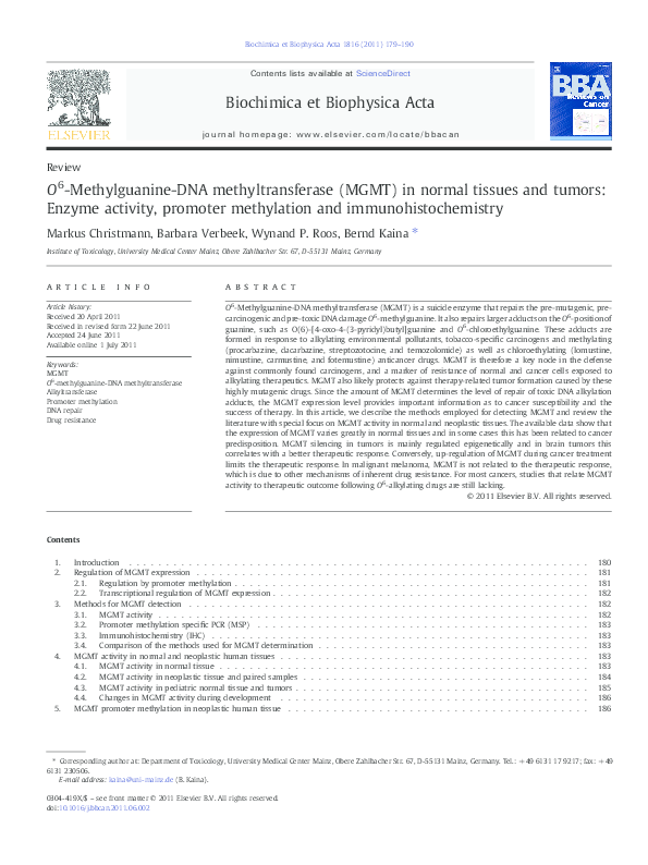 (PDF) O6-Methylguanine-DNA methyltransferase (MGMT) in normal tissues ...
