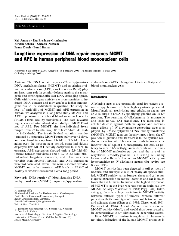 (PDF) Long-time expression of DNA repair enzymes MGMT and APE in human ...