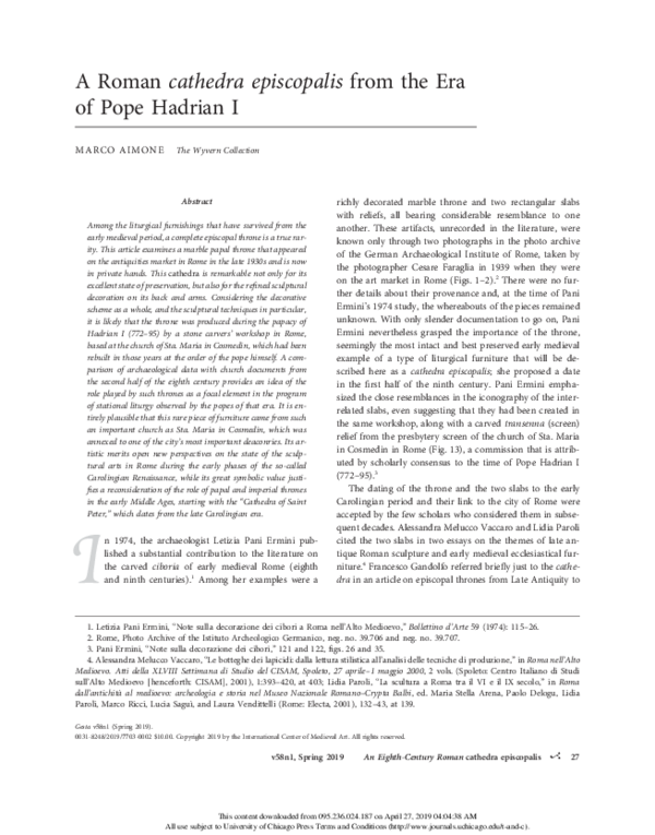 (PDF) A Roman cathedra episcopalis from the Era of Pope Hadrian I, in ...