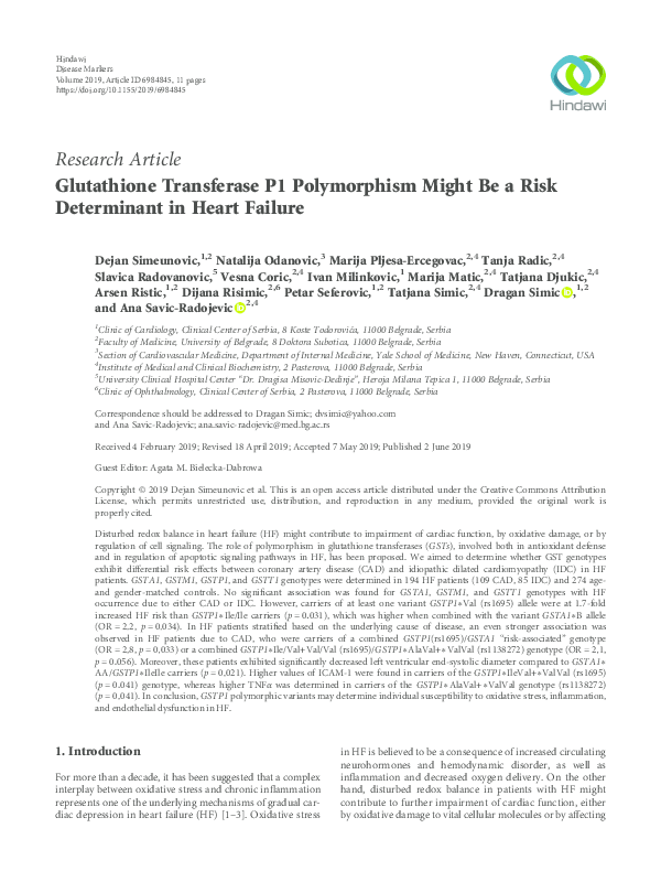 (PDF) Glutathione Transferase P1 Polymorphism Might Be a Risk Determinant in Heart Failure