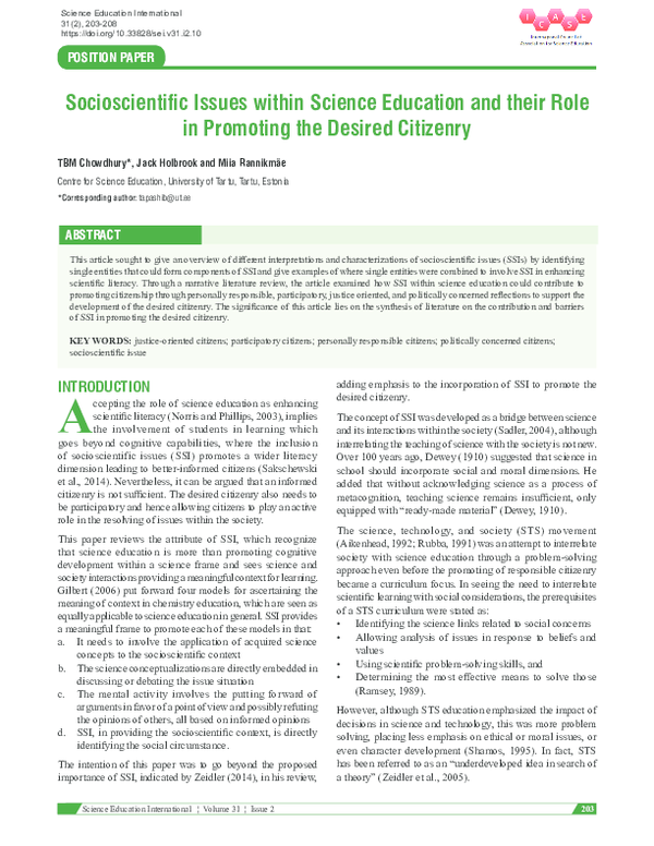 (PDF) Socioscientific Issues within Science Education and their Role ...