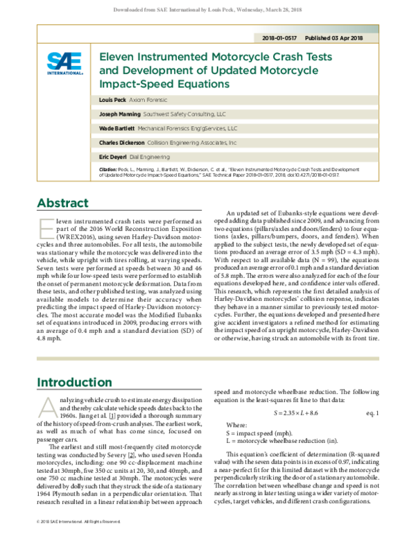 (PDF) Eleven Instrumented Motorcycle Crash Tests and Development of ...