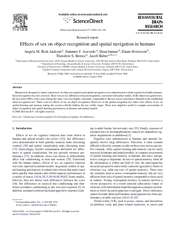 Pdf Effects Of Sex On Object Recognition And Spatial Navigation In Humans