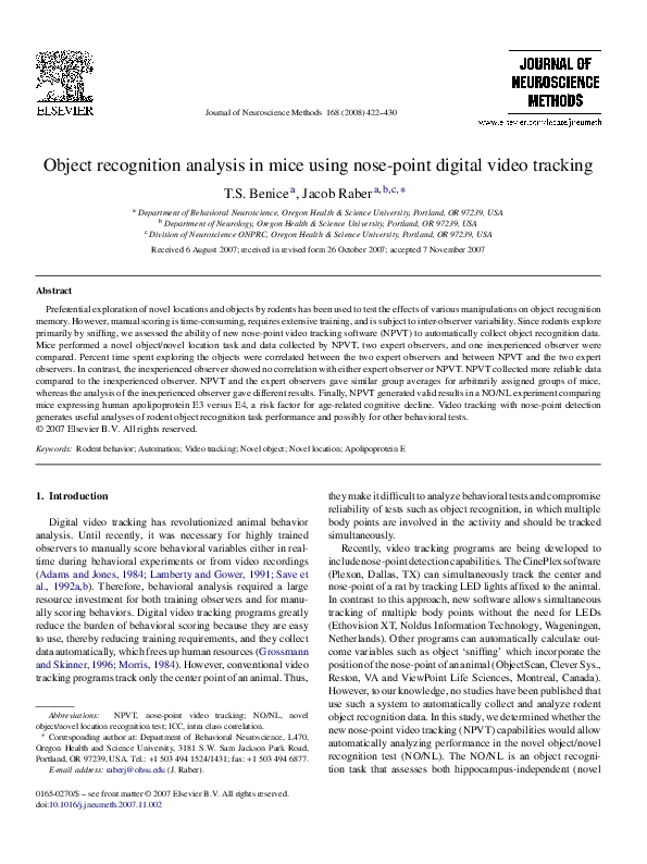 (PDF) Object recognition analysis in mice using nose-point digital video tracking