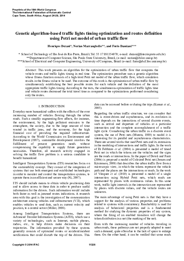 Pdf Genetic Algorithm Based Traffic Lights Timing Optimization And Routes Definition Using