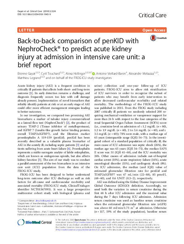 (PDF) Back-to-back comparison of penKID with NephroCheck® to predict ...