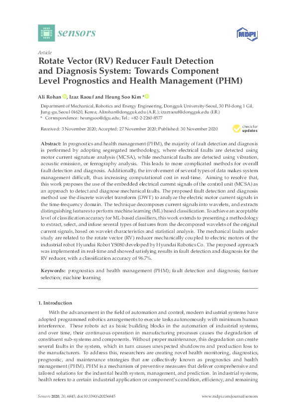 (PDF) Rotate Vector (RV) Reducer Fault Detection and Diagnosis System: Towards Component Level ...