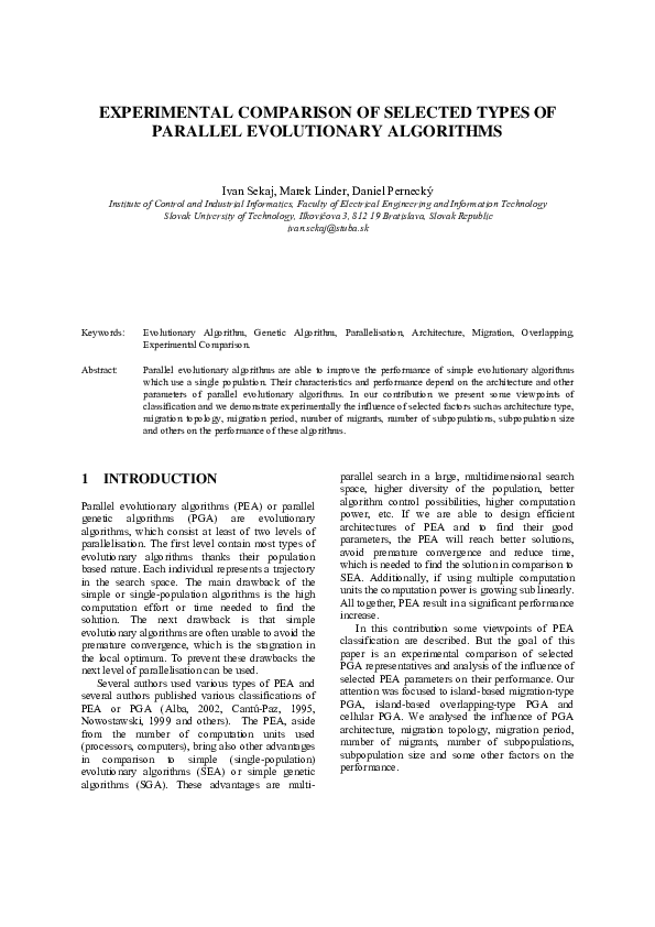 (PDF) Experimental Comparison of Selected Types of Parallel Evolutionary Algorithms