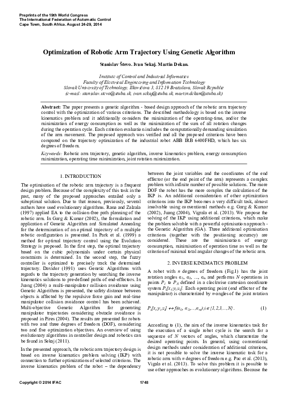 Pdf Optimization Of Robotic Arm Trajectory Using Genetic Algorithm