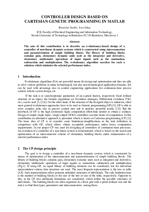 Pdf Controller Design Based On Cartesian Genetic Programming In Matlab Ivan Sekaj