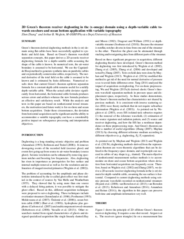 (PDF) 2D Green’s theorem receiver deghosting in the (x-omega) domain using a depth-variable ...