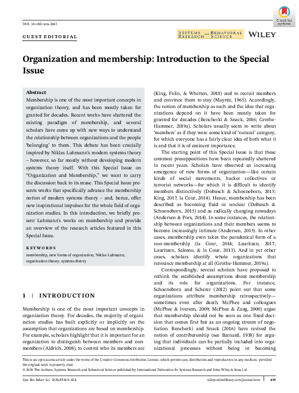 (PDF) Organization and membership: Introduction to the Special Issue