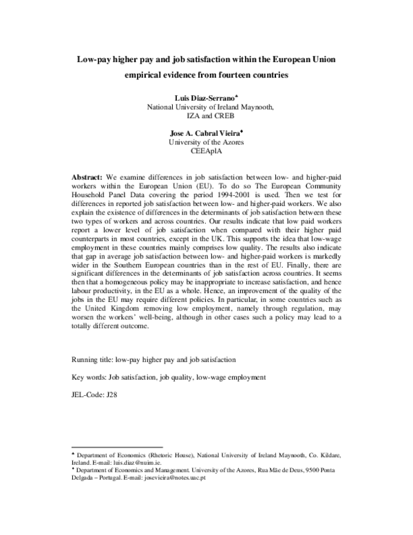 (PDF) Low pay, higher pay and job satisfaction within the European ...