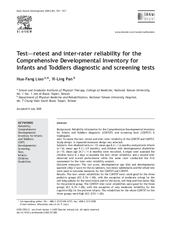 (PDF) Test–retest and inter-rater reliability for the Comprehensive ...