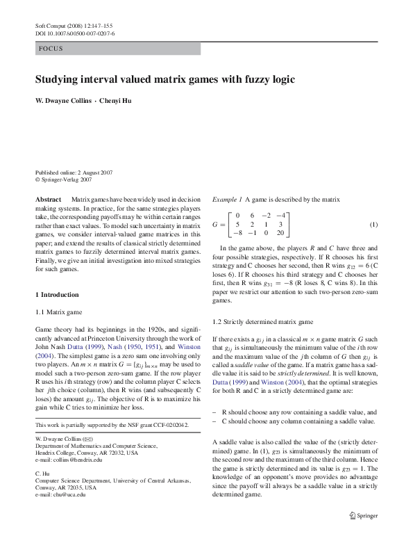 (PDF) Studying interval valued matrix games with fuzzy logic