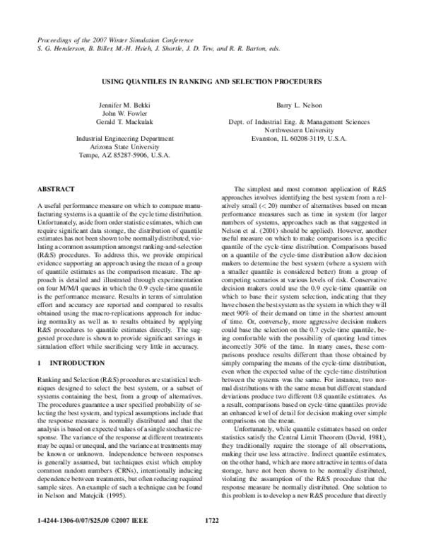 (PDF) Using quantiles in ranking and selection procedures | John Fowler - Academia.edu
