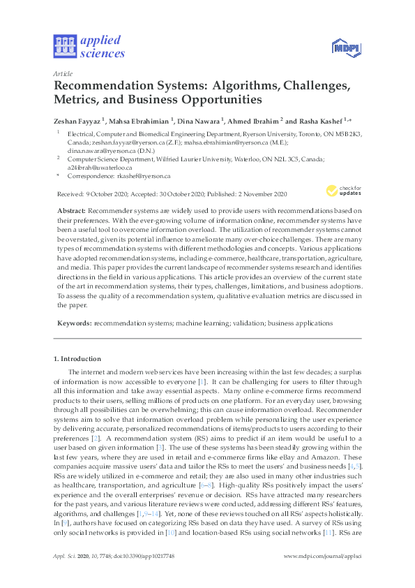 (PDF) Recommendation Systems: Algorithms, Challenges, Metrics, and Business Opportunities
