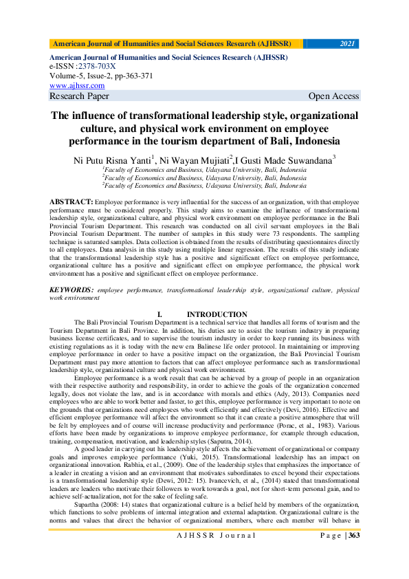 (PDF) The influence of transformational leadership style, organizational culture, and physical ...