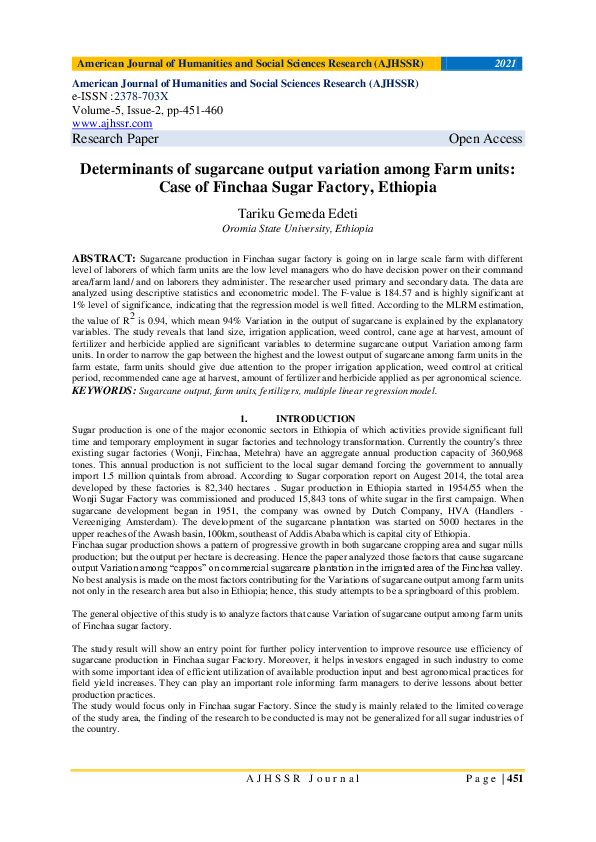 (PDF) Determinants of sugarcane output variation among Farm units: Case ...
