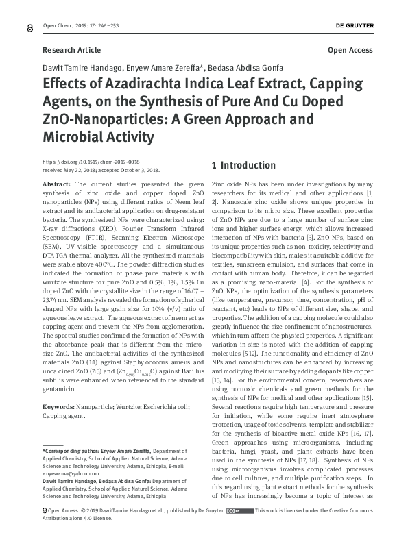 (PDF) Effects of Azadirachta Indica Leaf Extract, Capping Agents, on the Synthesis of Pure And ...