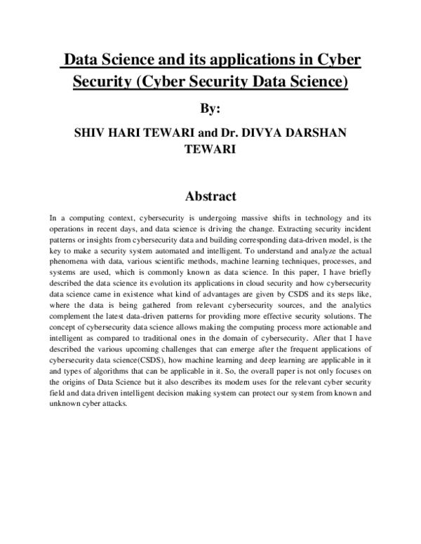 (PDF) Data Science and its applications in Cyber Security (Cyber Security Data Science ...