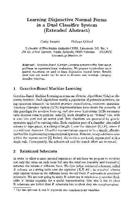 (PDF) Learning disjunctive normal forms in a dual classifier system (Extended abstract)