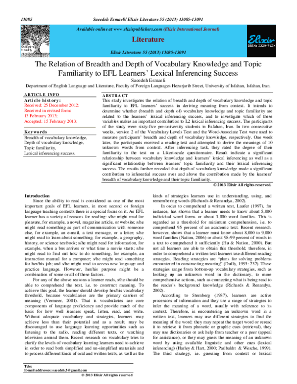 (PDF) The Relation of Breadth and Depth of Vocabulary Knowledge and ...