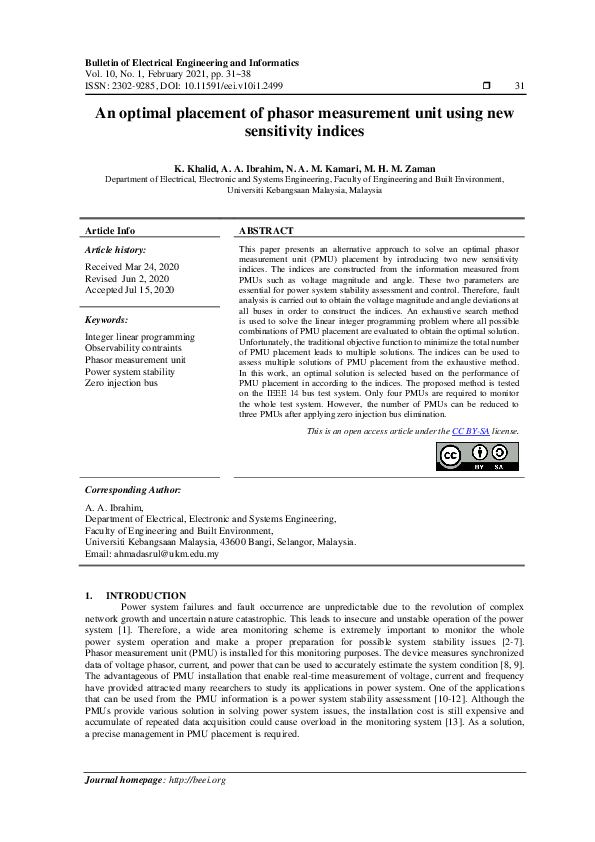 Pdf Optimal Pmu Placement Using New Sensitivity Indices