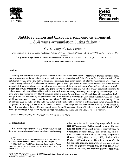 (PDF) Stubble retention and tillage in a semi-arid environment: 1. Soil ...