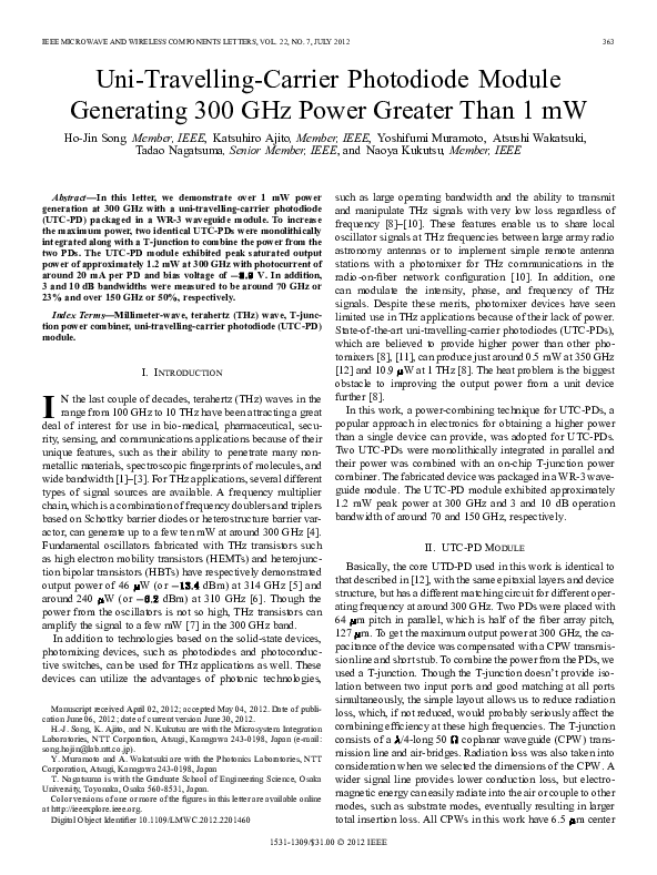 (PDF) Uni-Travelling-Carrier Photodiode Module Generating 300 GHz Power Greater Than 1 mW