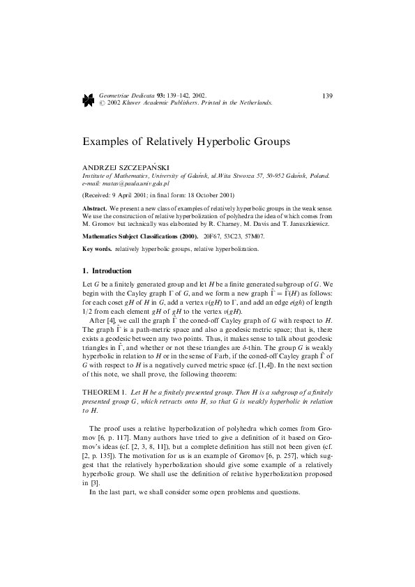 (PDF) Examples of Relatively Hyperbolic Groups