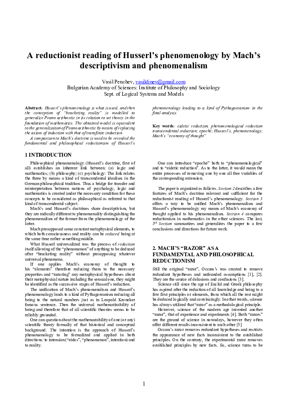 (PDF) A Reductionist Reading of Husserl's Phenomenology by Mach's ...