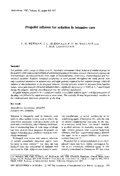 (PDF) Propofol infusion for sedation in intensive care