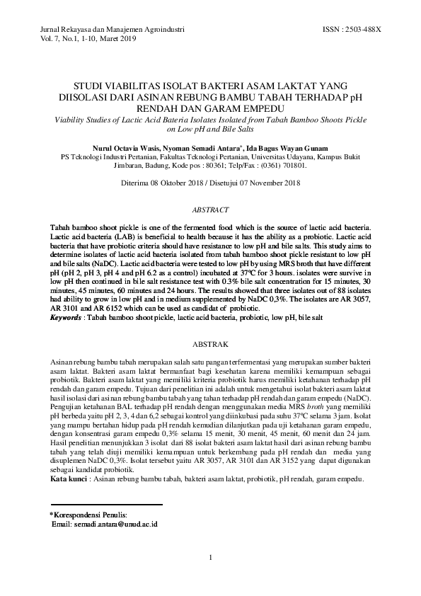 (PDF) STUDI VIABILITAS ISOLAT BAKTERI ASAM LAKTAT YANG DIISOLASI DARI ASINAN REBUNG BAMBU TABAH ...
