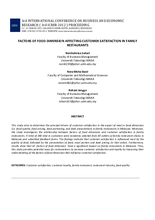 (PDF) Factors of Food Dimension Affecting Customer Satisfaction in ...