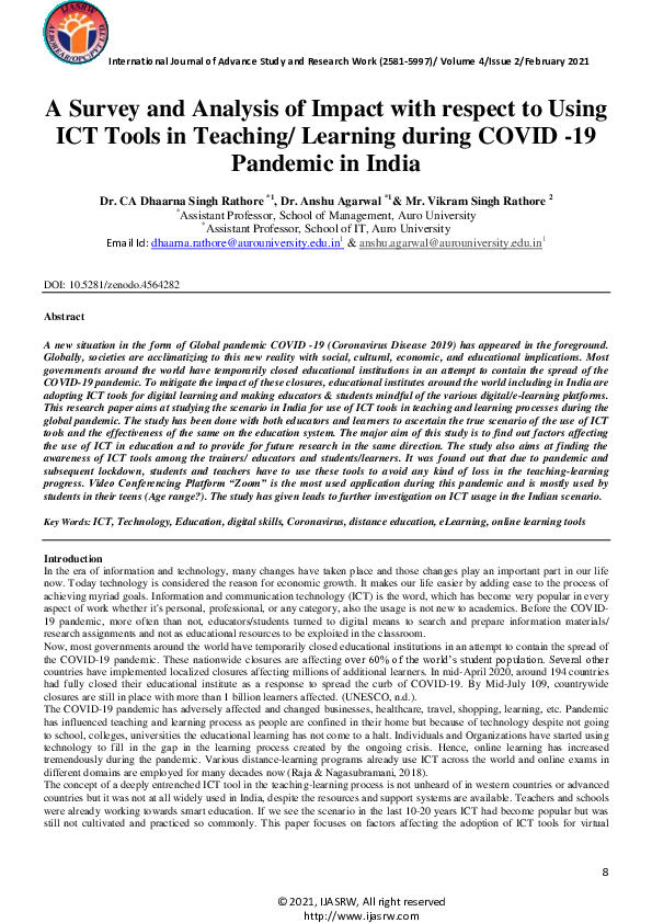 (PDF) A Survey and Analysis of Impact with respect to Using ICT Tools in Teaching/ Learning ...