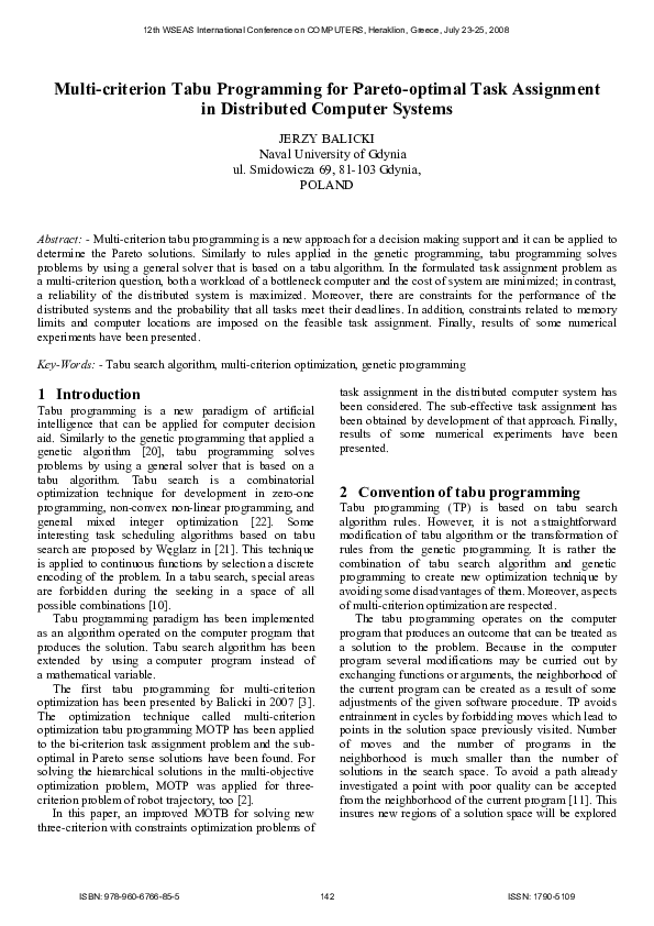 Pdf Multi Criterion Tabu Programming For Pareto Optimal Task Assignment In Distributed